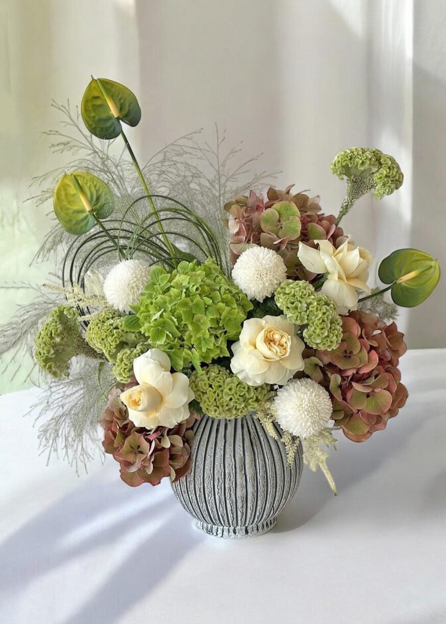 Ideal: Flower Arrangement of Hydrangeas, Roses, and Anthuriums