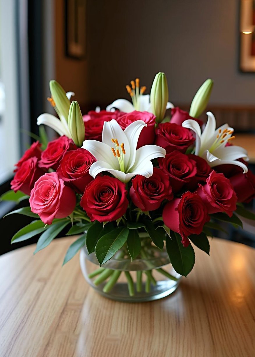Riley: flower arrangement of Roses and lilies | Buy flowers Boca Raton